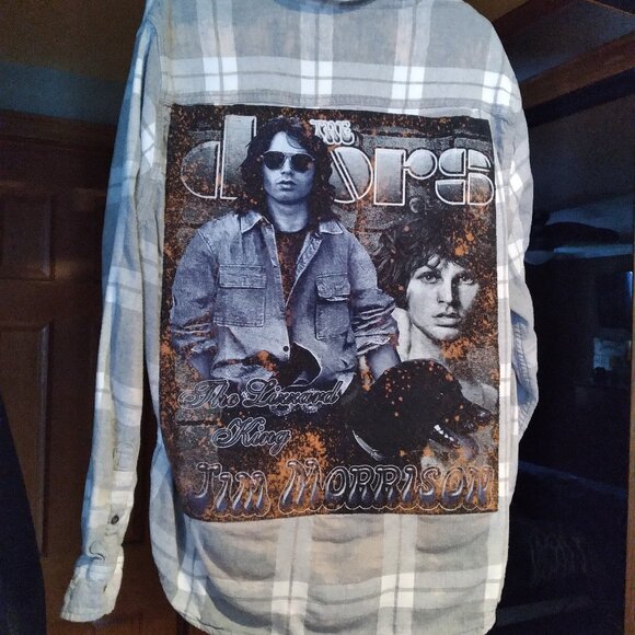 Tops | Upcycled Bleached Flannel Shirt W Jim Morrison The Doors Back Patch | Poshmark